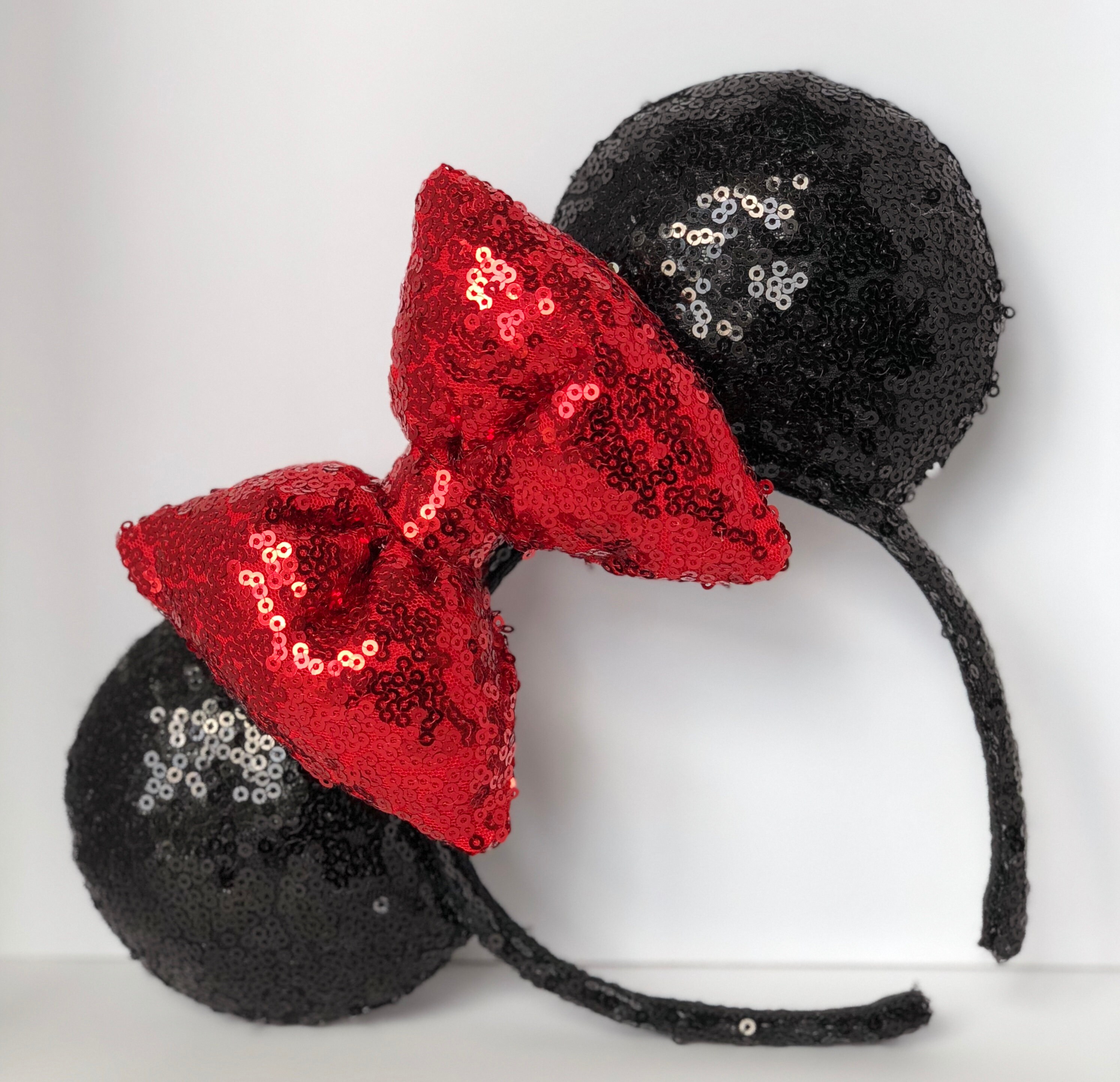 Classic Black Mouse Ears With Red Sequin Bow. Custom Handmade Mouse ...