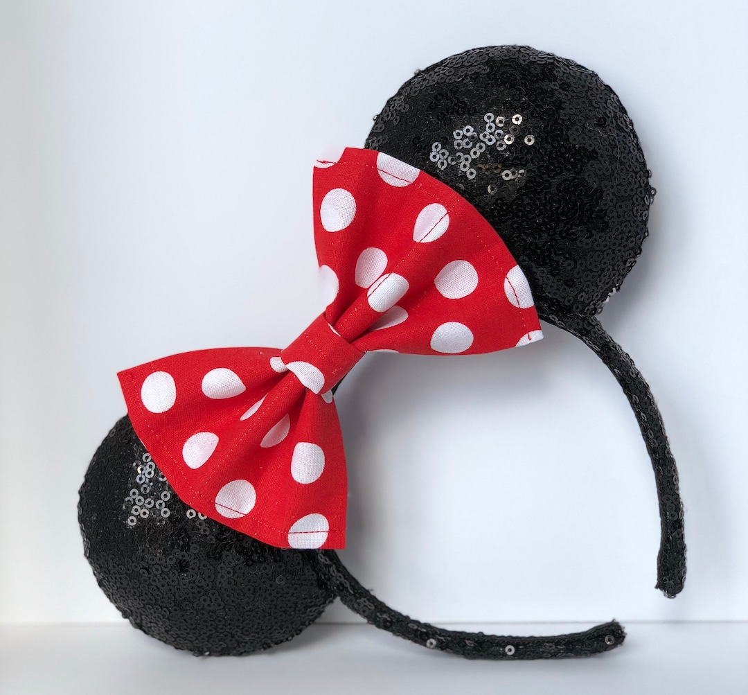 Classic Black Sequin Mouse Ears With Red and White Polka Dot Bow ...