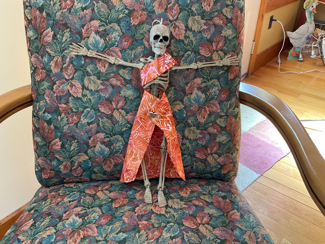 Handsewn Batik Dress on 16” Hanging Skeleton: Rustic Halloween Decor ...
