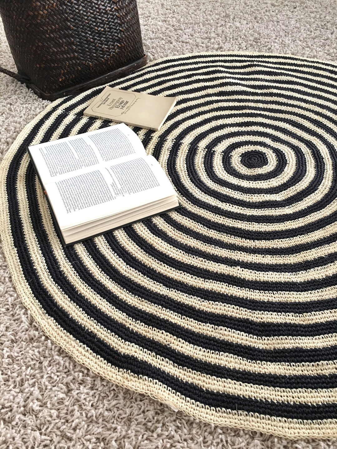 Handwoven Black & White Striped Raffia Rug - 40.5" Round Boho Decor - Etsy