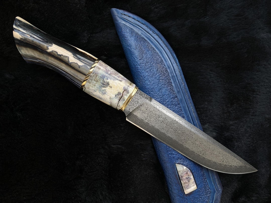 Handmade Mosaic Damascus Knife: Fossil Handle, Custom Hunting Knife - Etsy