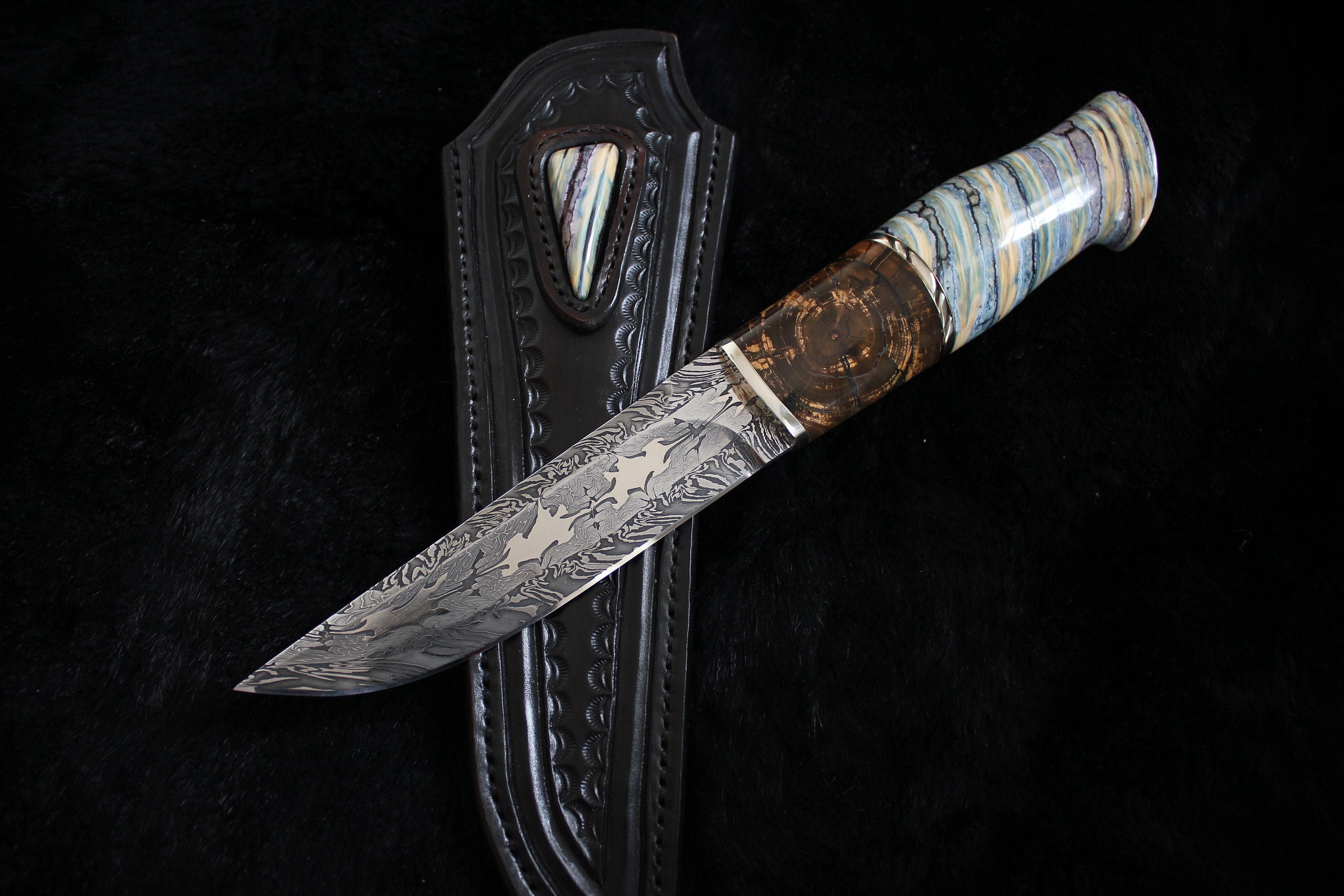 Mosaic Damascus Custom Knife - Stabilized Handle , Handmade Knife ...