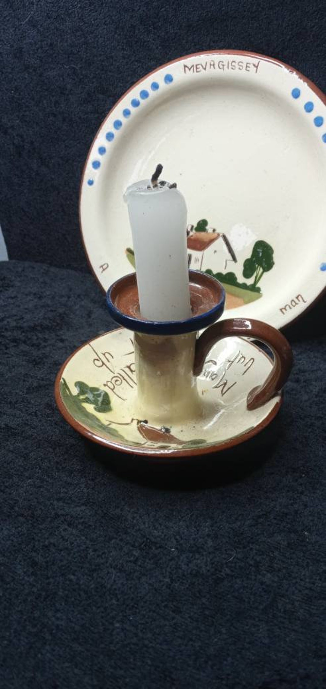 Sweet Watcombe Motto Ware Devon Pottery Chamberstick and Small Plate ...
