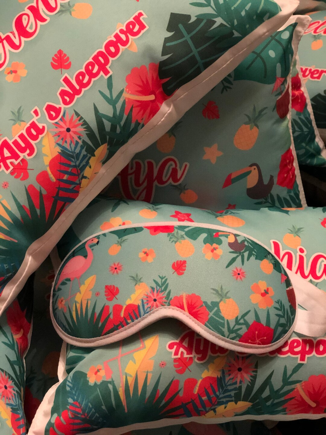 Personalized Pajama Party Kit, Sleeping Mask, Small Pillow, Tropical ...