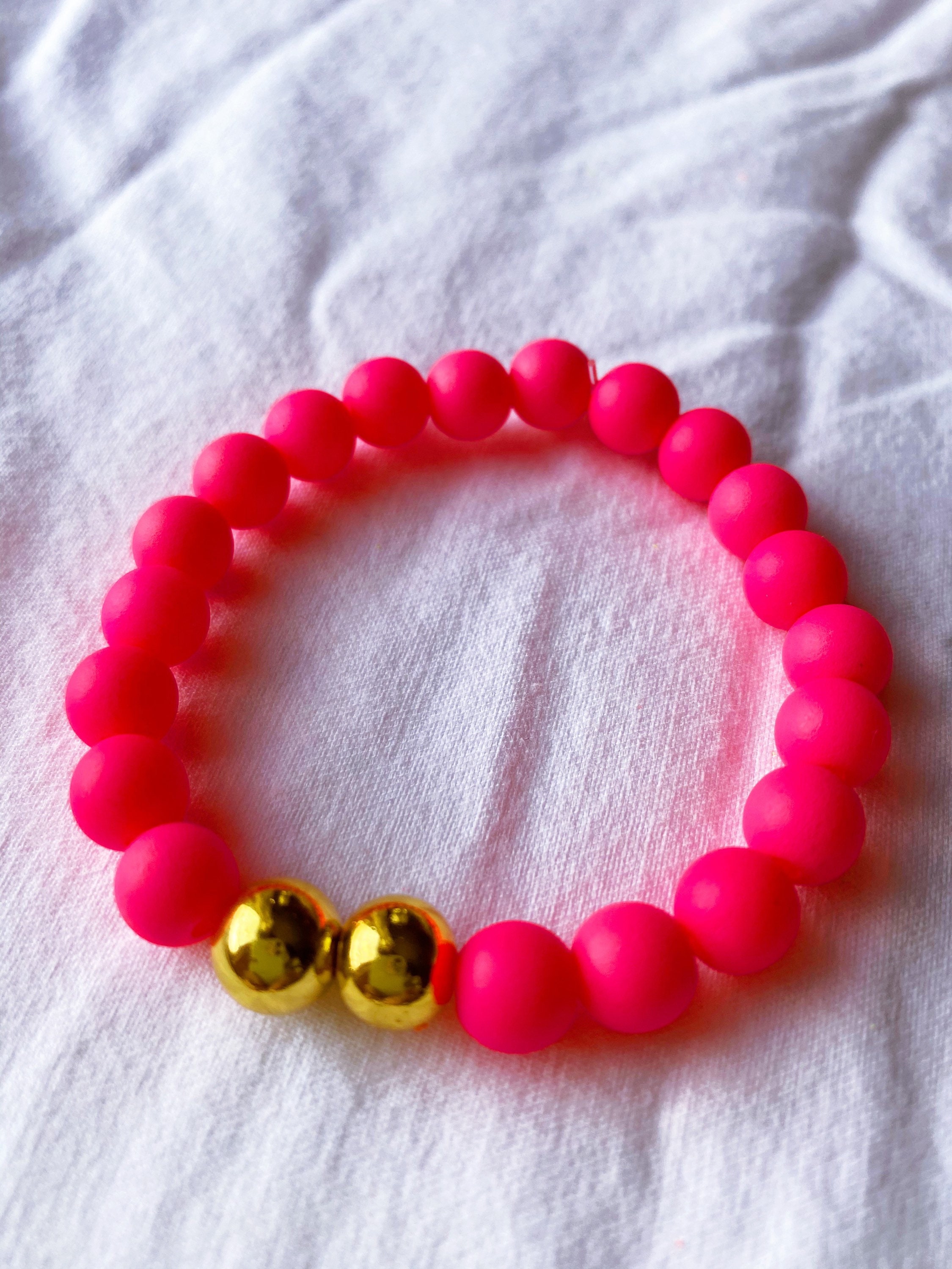 Neon Pink Gold Metal Beaded Stretch Bracelet - Etsy UK