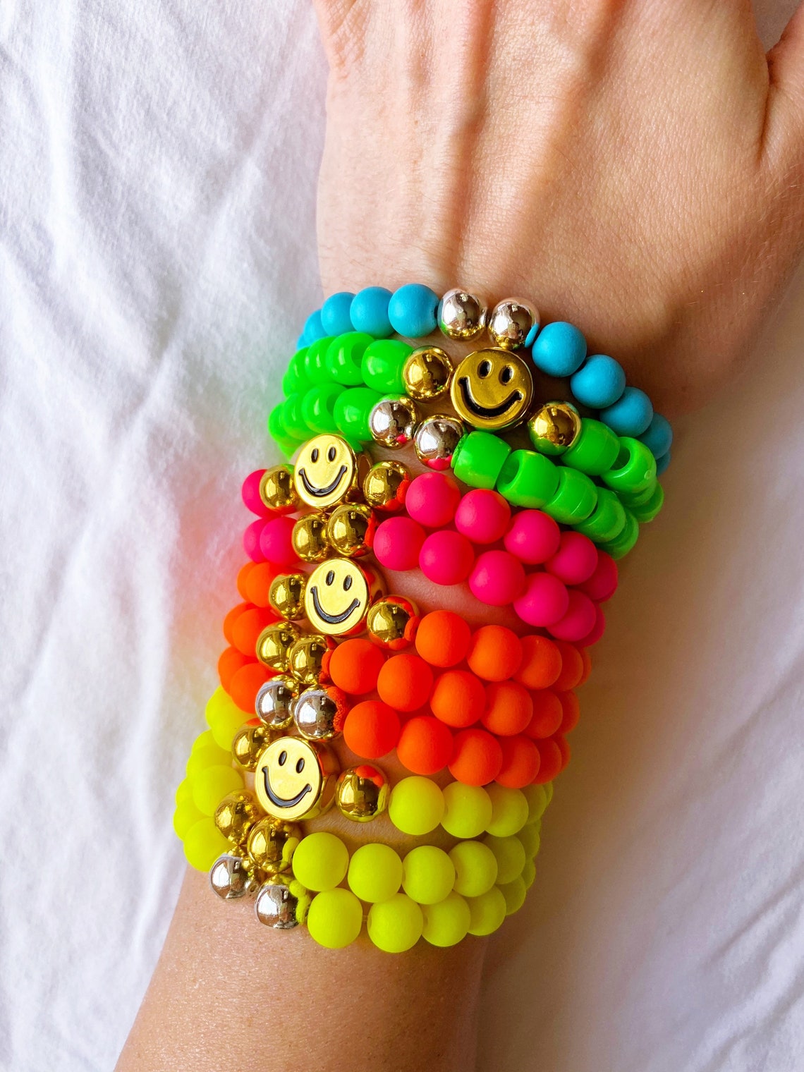 Neon Pink Gold Metal Beaded Stretch Bracelet - Etsy UK