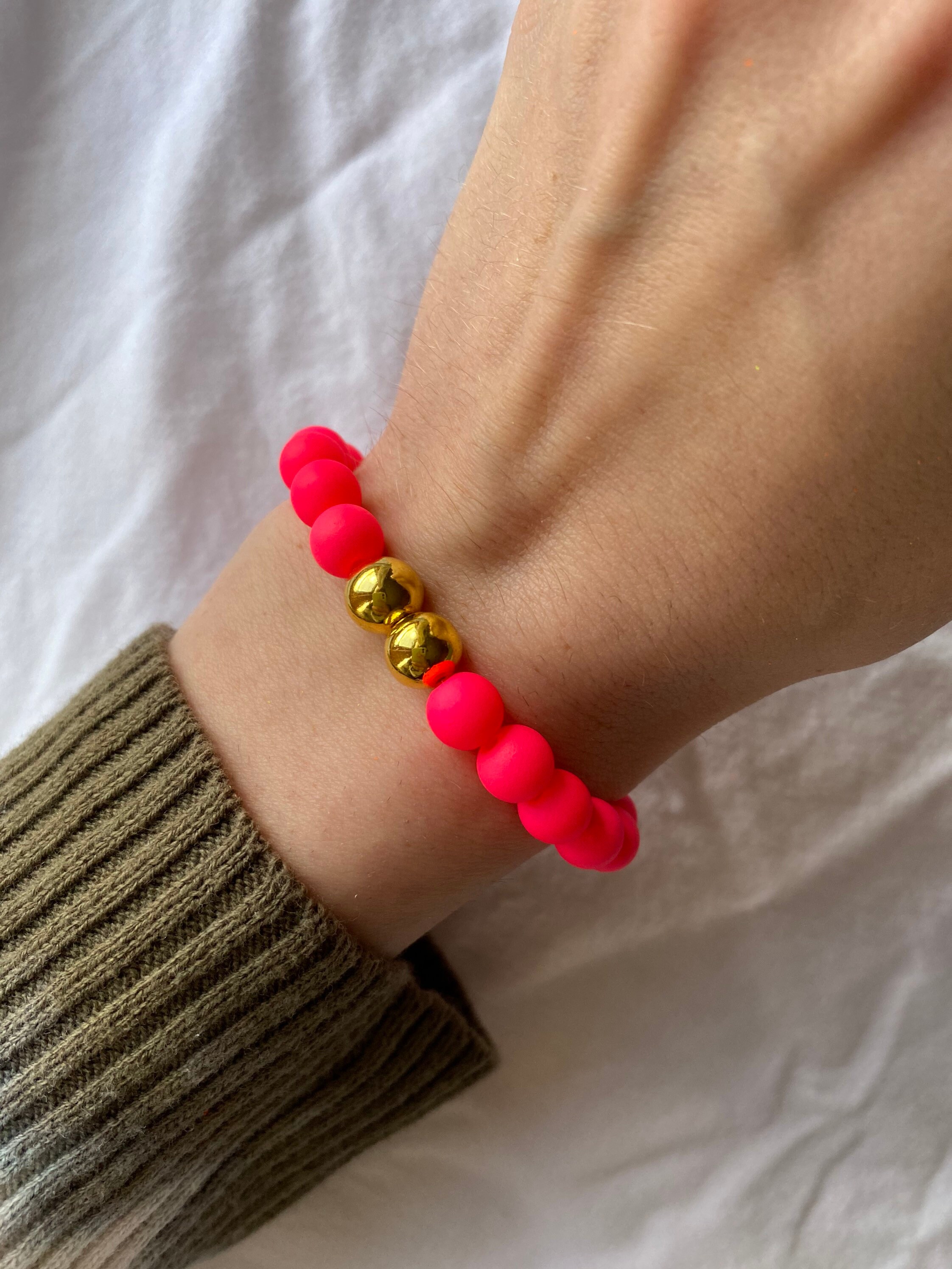 Neon Pink Gold Metal Beaded Stretch Bracelet - Etsy UK
