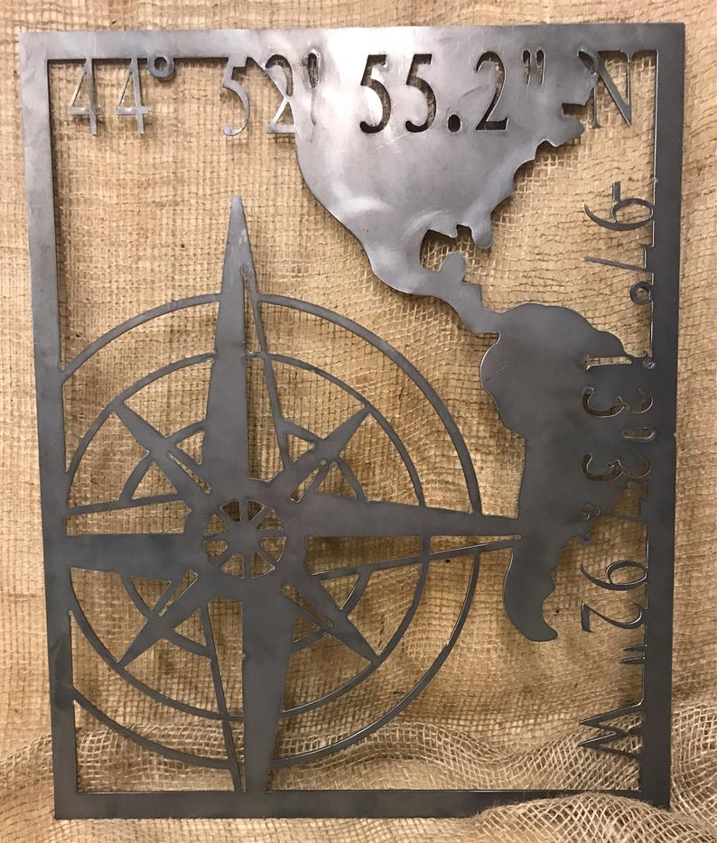 Map with compass and customized location metal map art | Etsy
