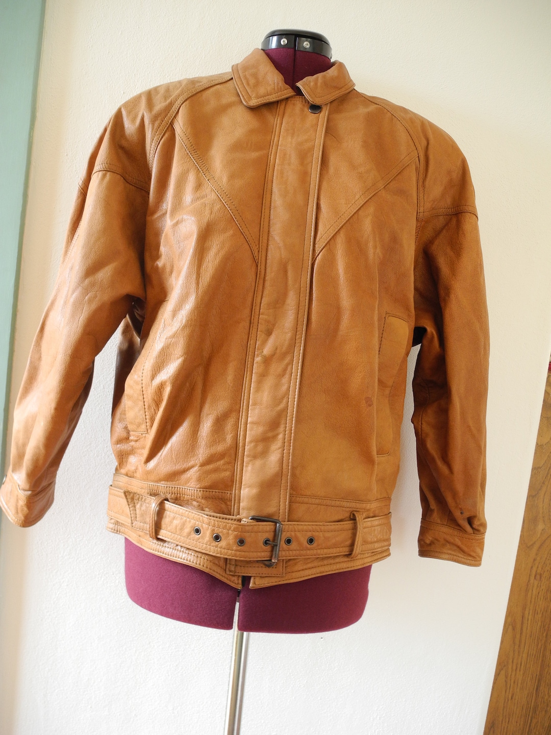 Tan BELTED 70s 80s Genuine Leather Motorcycle Jacket HUNT CLUB Slash ...