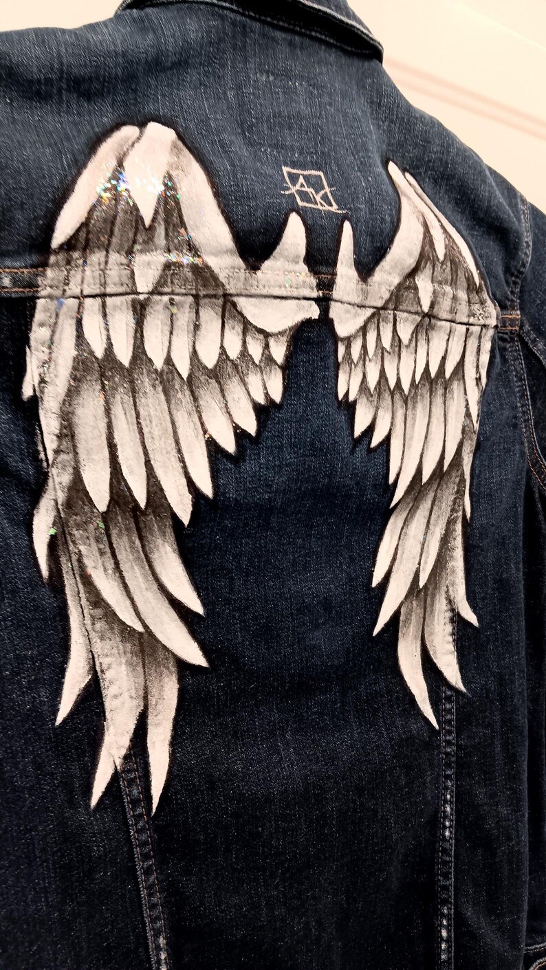 Custom Art Hand Painted White Angel Wings Denim Jacket Dark Blue Joe's ...