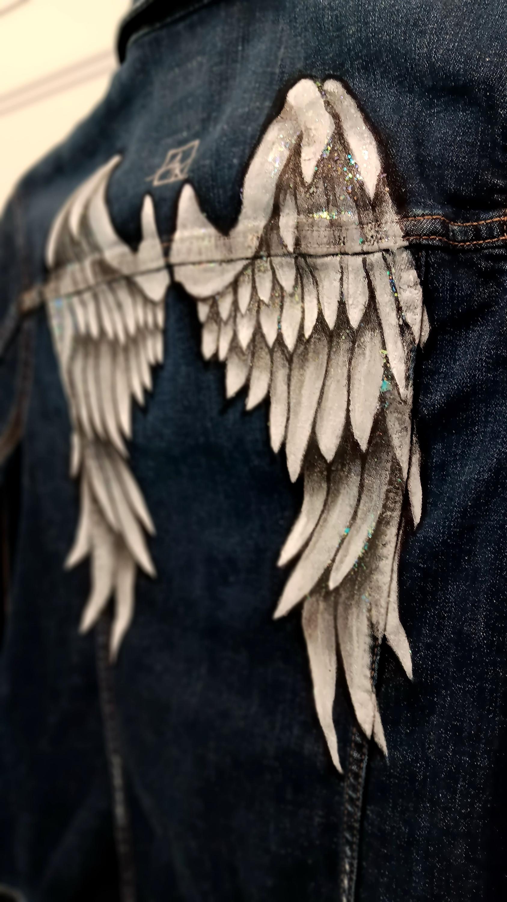 Custom Art Hand Painted White Angel Wings Denim Jacket Dark Blue Joe's ...
