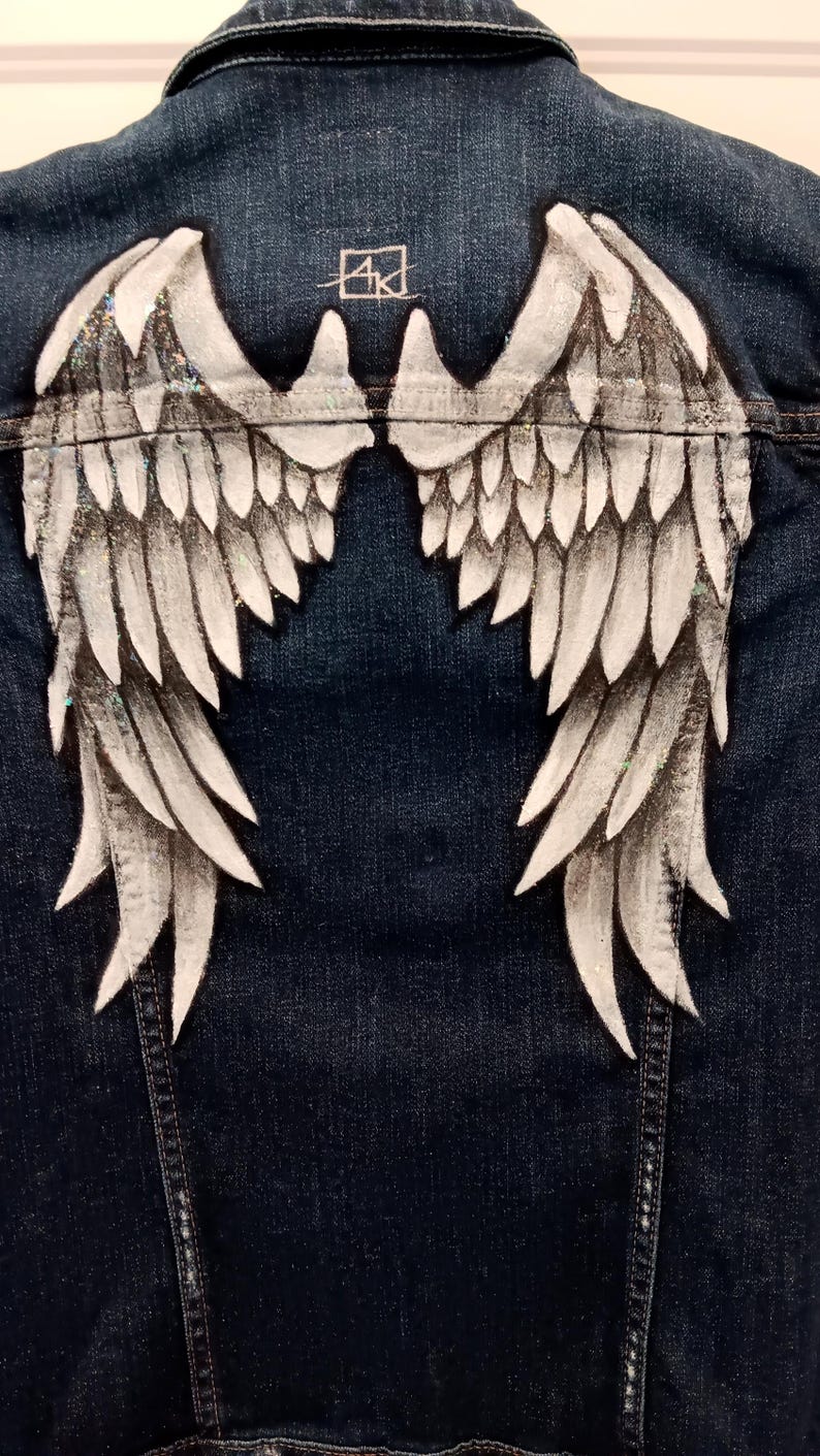 Custom Art Hand Painted White Angel Wings Denim Jacket Dark Blue Joe's ...