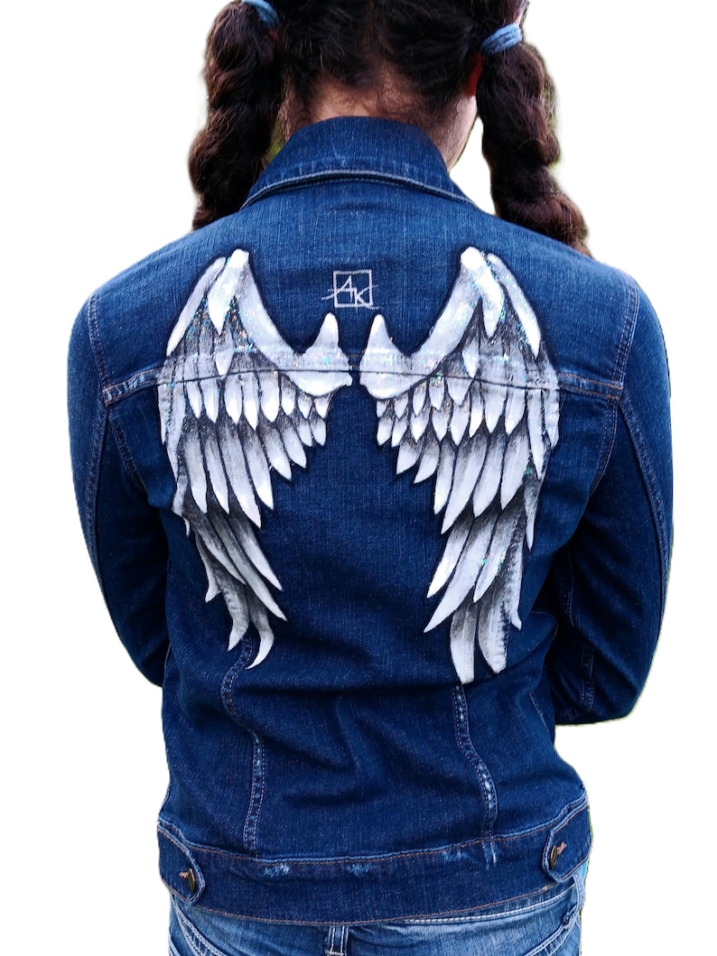 Custom Art Hand Painted White Angel Wings Denim Jacket Dark Blue Joe's ...
