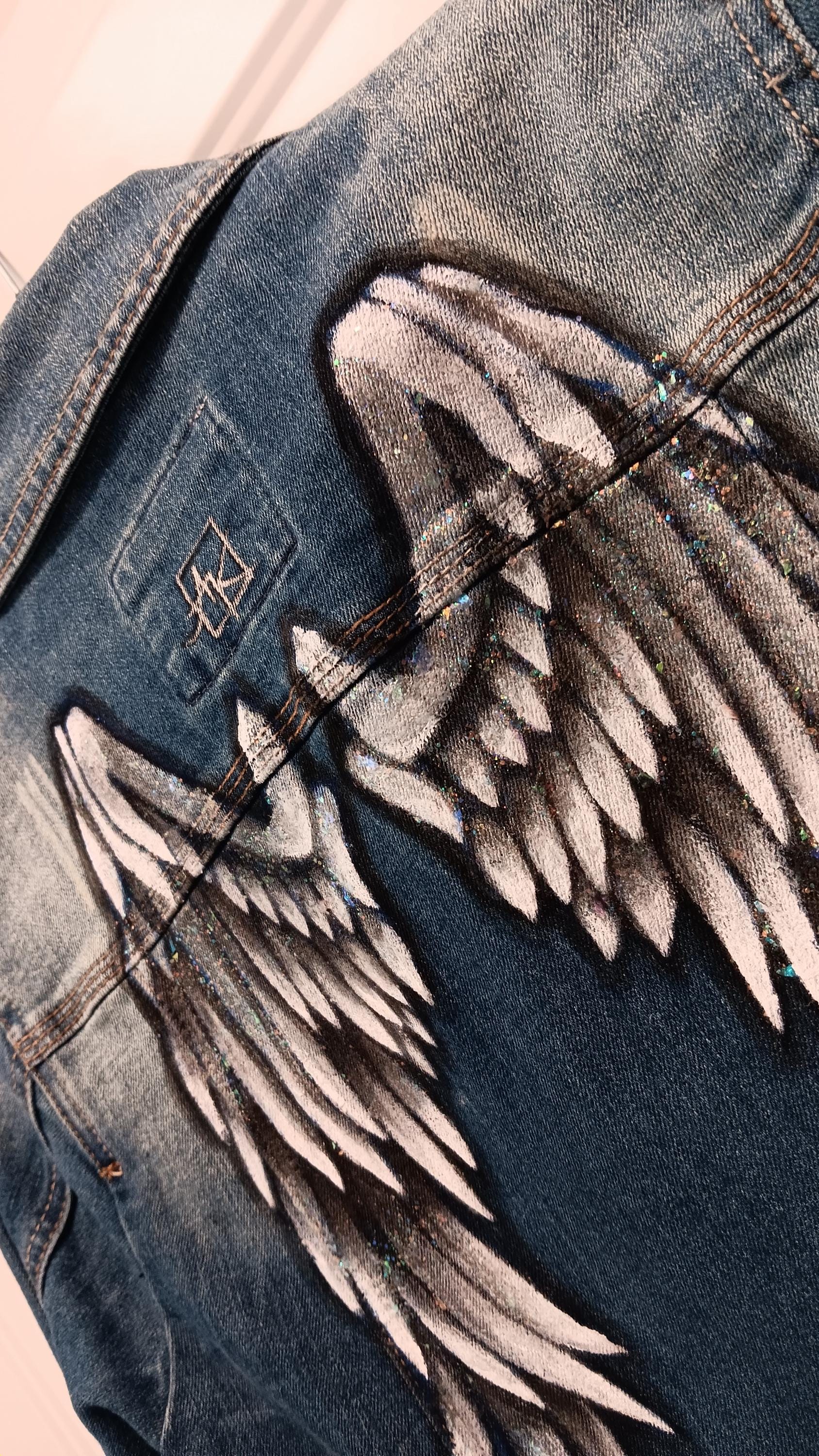Custom Art Hand Painted White Angel Wings Denim Jacket Blue YMI Jeans M ...