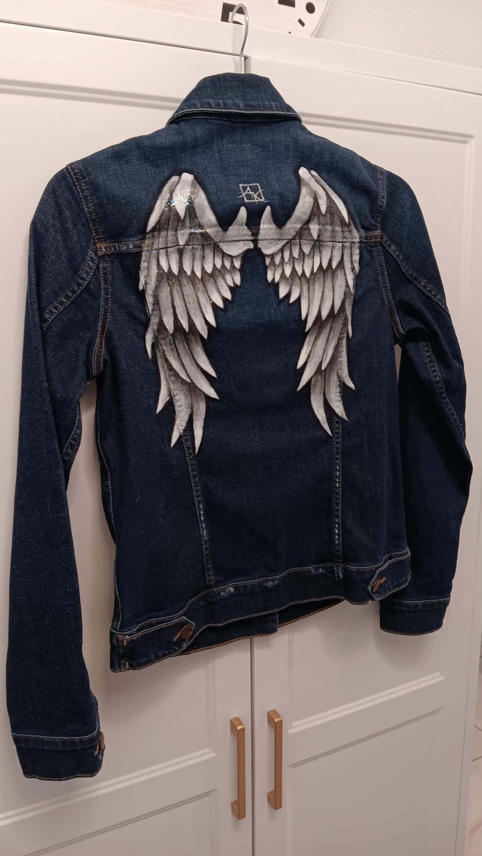 Custom Art Hand Painted White Angel Wings Denim Jacket Dark Blue Joe's ...