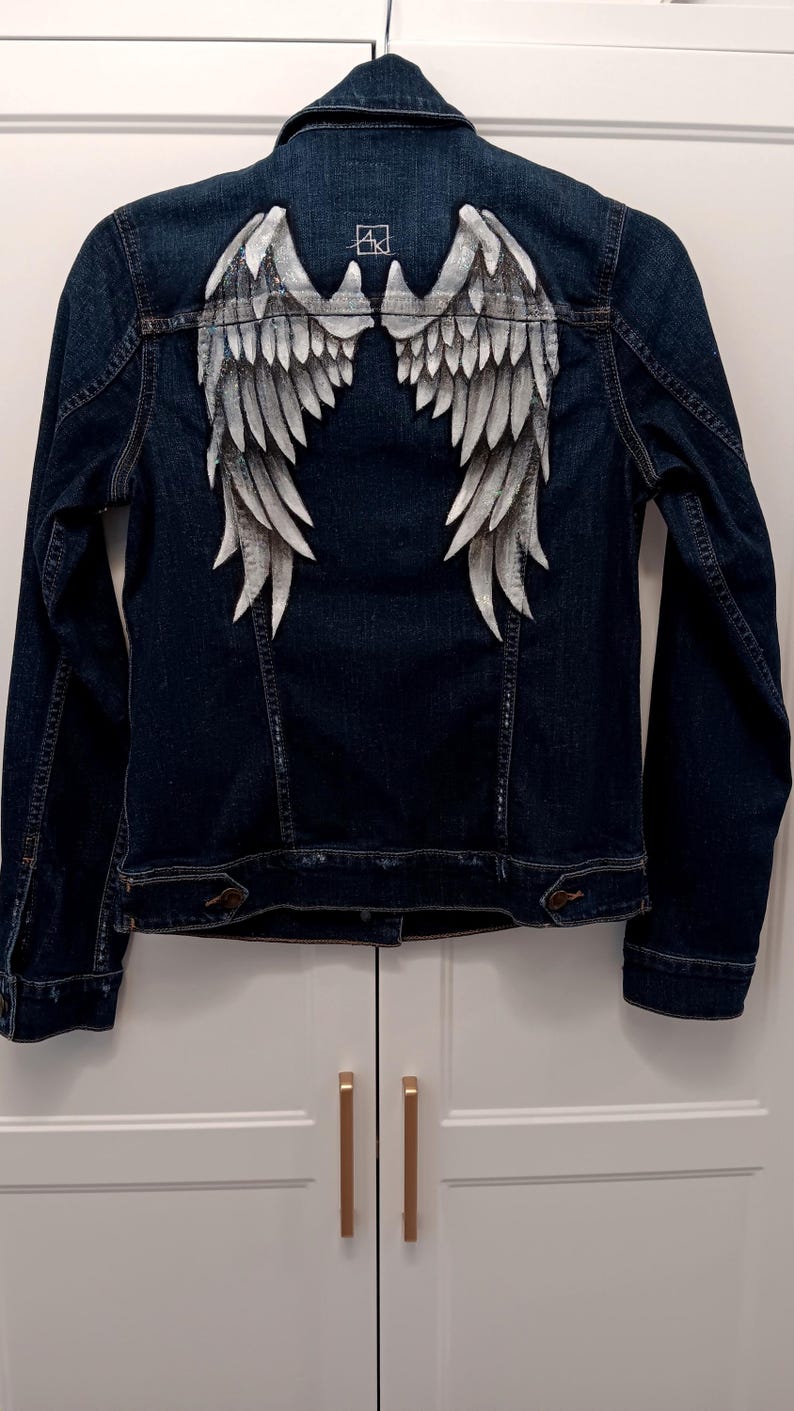 Custom Art Hand Painted White Angel Wings Denim Jacket Dark Blue Joe's ...