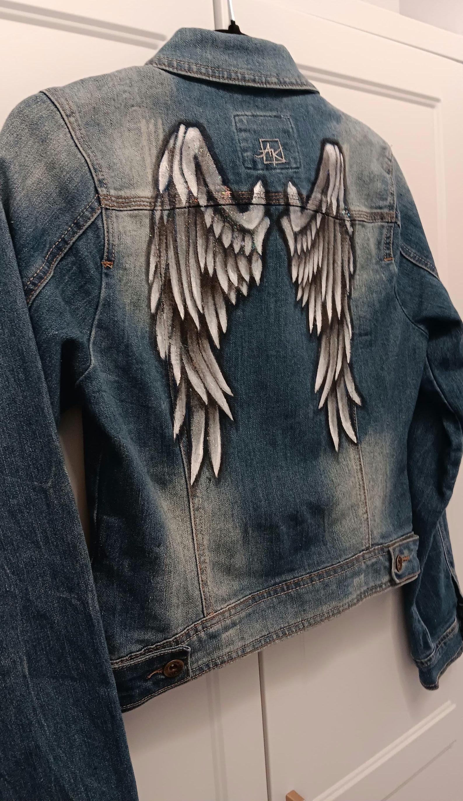 Custom Art Hand Painted White Angel Wings Denim Jacket Blue YMI Jeans M ...