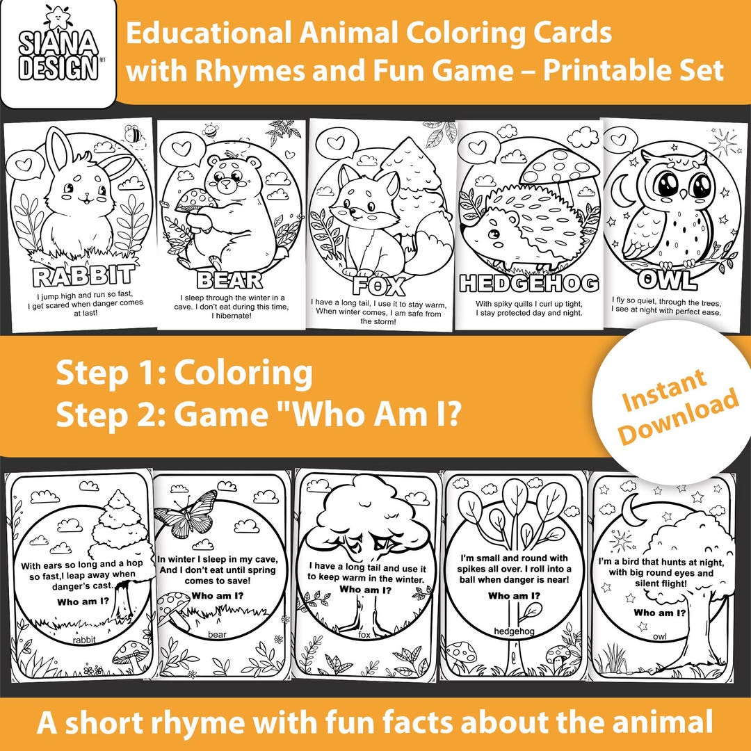 Educational Animal Coloring Cards With Rhymes and Fun Game – Printable ...