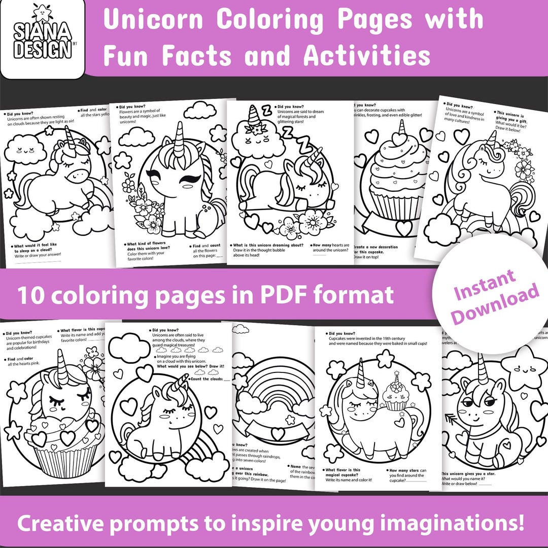 Unicorn Coloring Pages With Fun Facts and Activities - 10 Printable ...