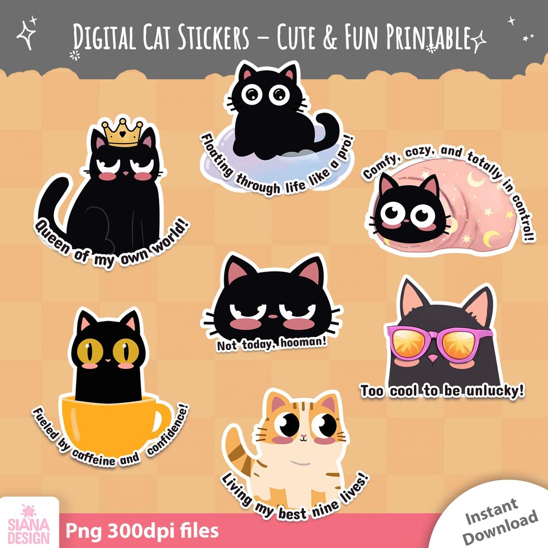 Digital Cat Stickers – Cute & Fun Printable Stickers for Cat Lovers ...