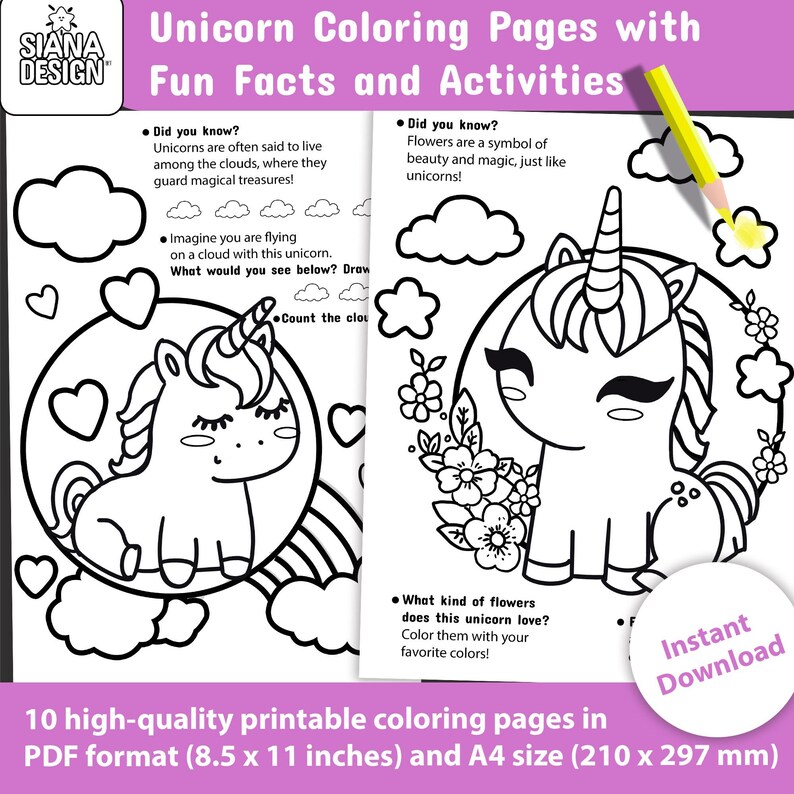 Unicorn Coloring Pages With Fun Facts and Activities - 10 Printable ...
