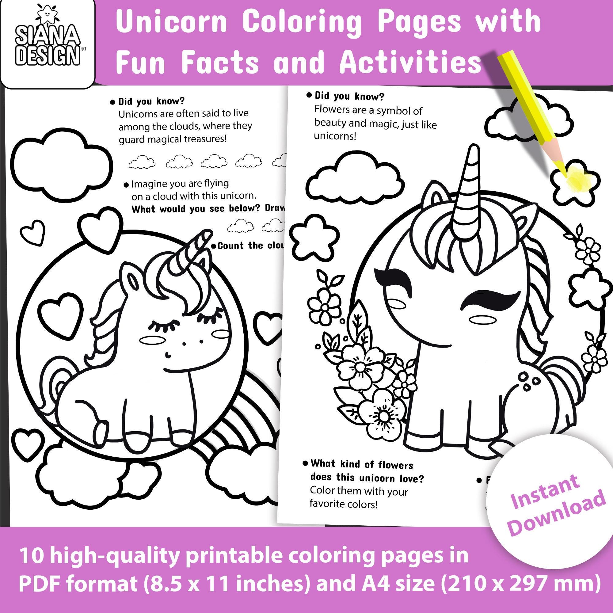 Unicorn Coloring Pages With Fun Facts and Activities - 10 Printable ...