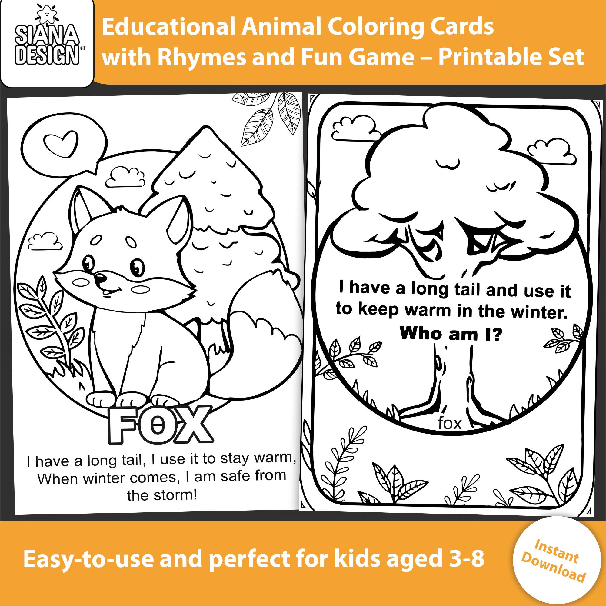 Educational Animal Coloring Cards With Rhymes and Fun Game – Printable ...