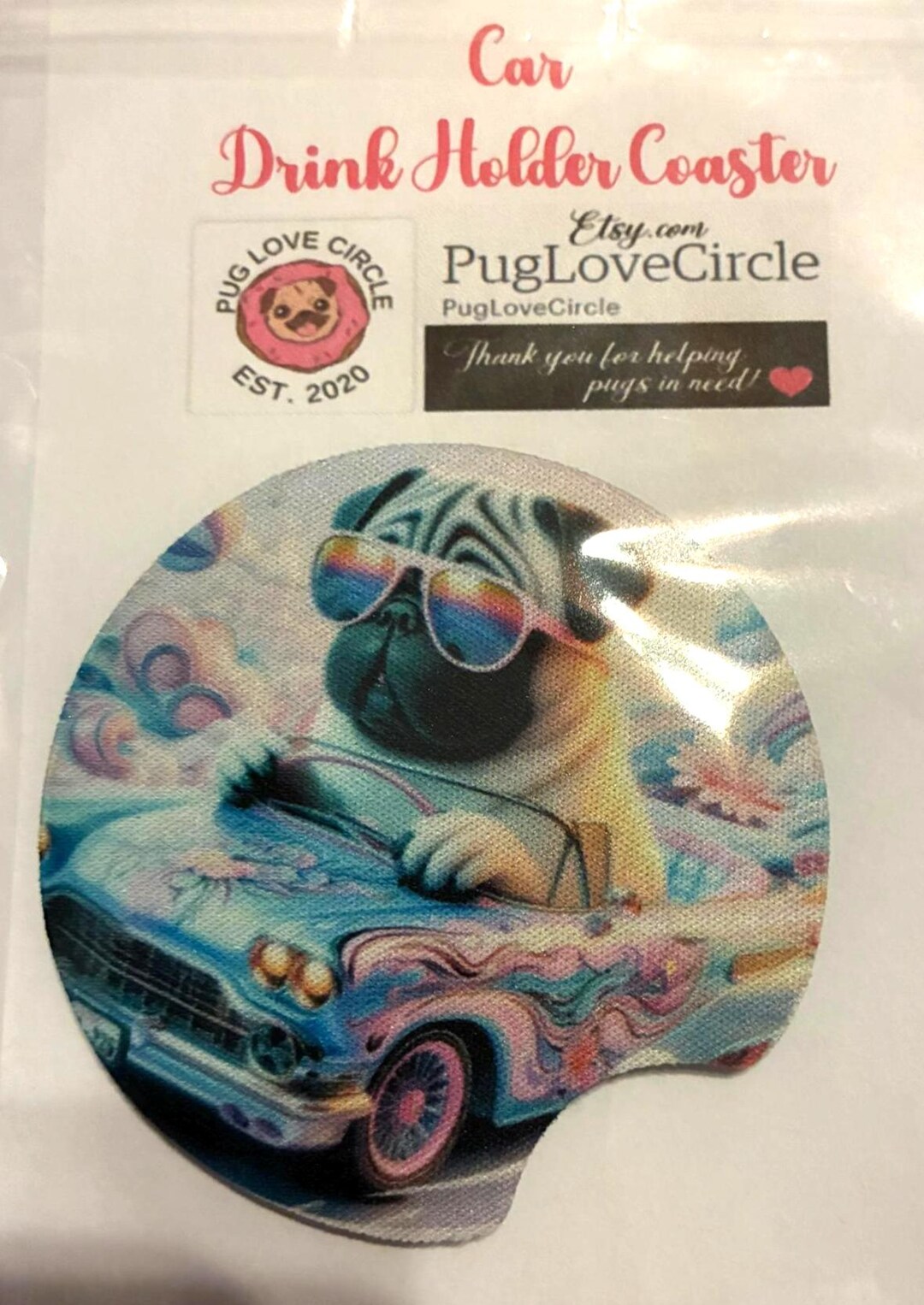 Car Drink Holder Coster/ Fawn Pug/100% of Proceeds Donated to Pug ...
