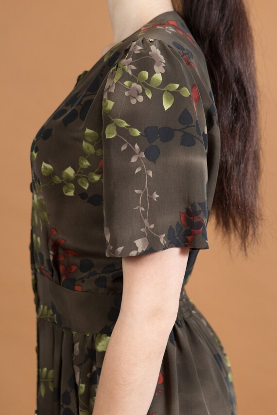 Vintage Green Dress - Dark Green Leafy Plant Pattern … - Gem