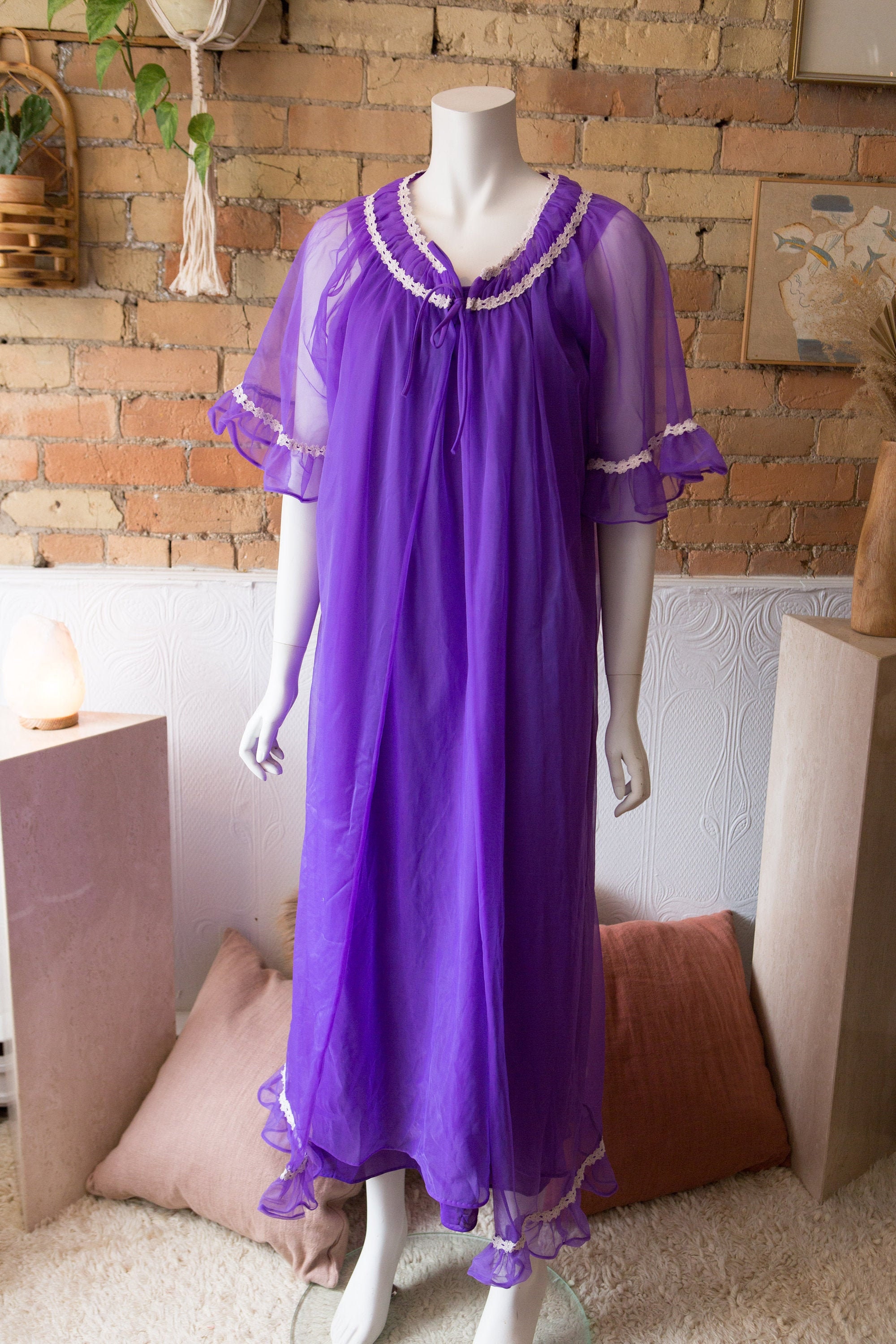 Vintage Purple Sheer Robe with Floral White Trim and Pyjamas | Etsy