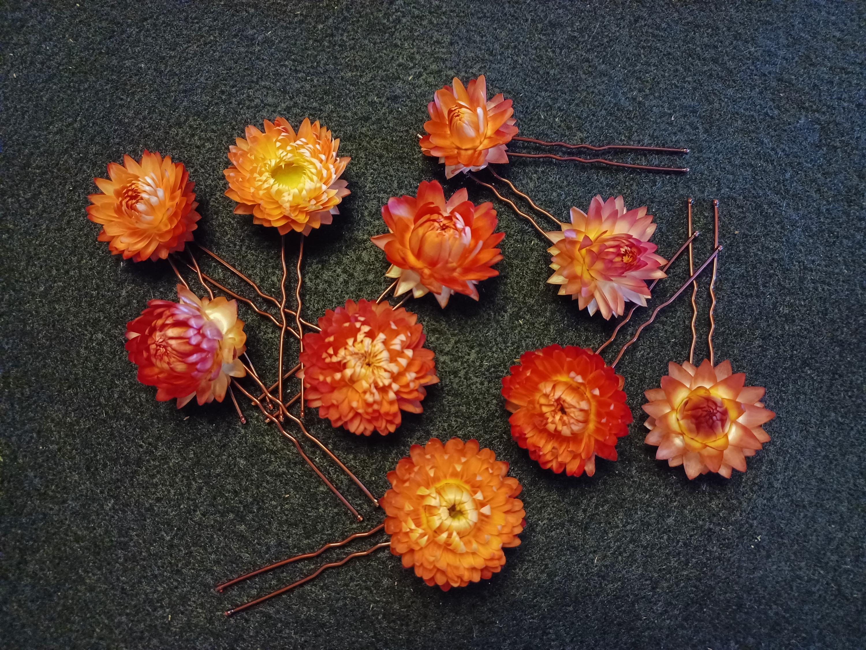 10 Mini Strawflower Hair U-pins, Fruit Salad. 3/4 to 1