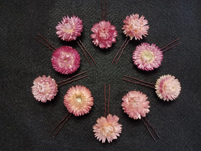 10 Strawflower Hair U-pins, Pink Mix. 1 1/2