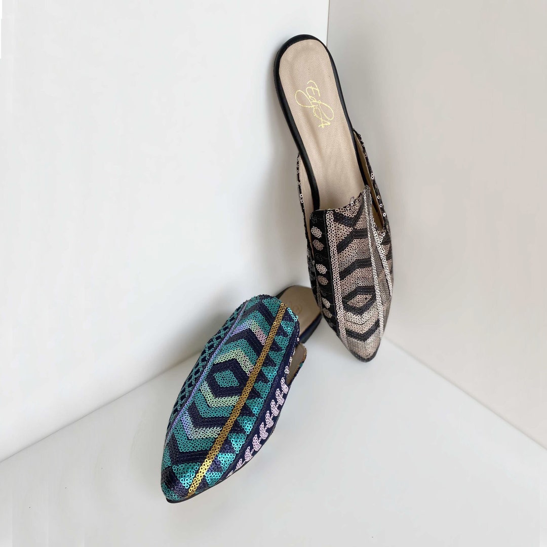 Edza Sequined Mules, Caprice Textile Multi Color Handmade Mules, Bridal ...