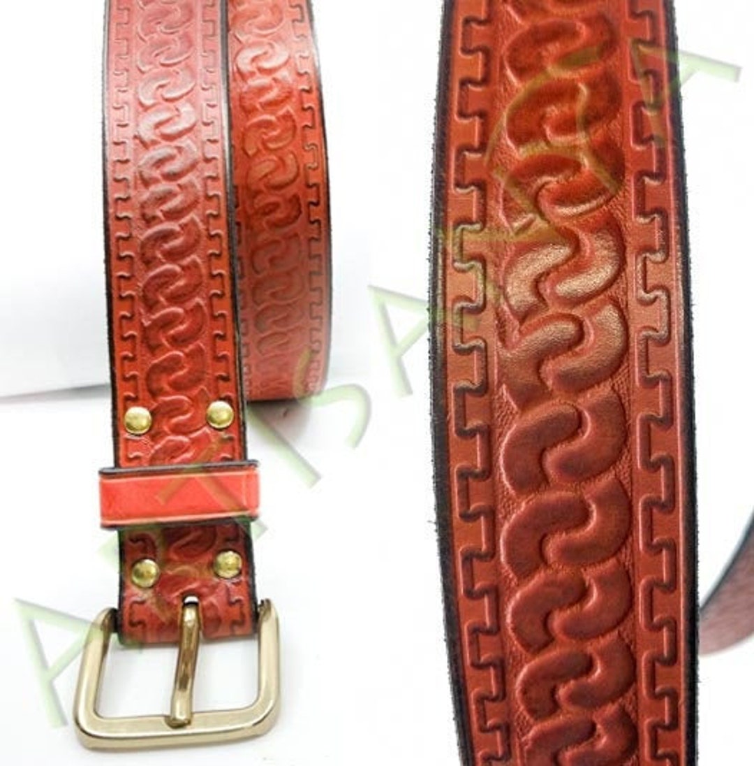 Handmade Orange-red Leather Belt With Aztec Braid_ 35mm, Custom-sized ...