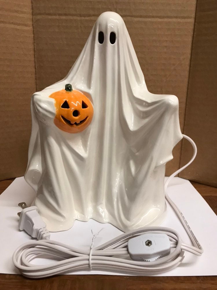 Ceramic White Ghost With Pumpkin Lights up Halloween Decor New | Etsy