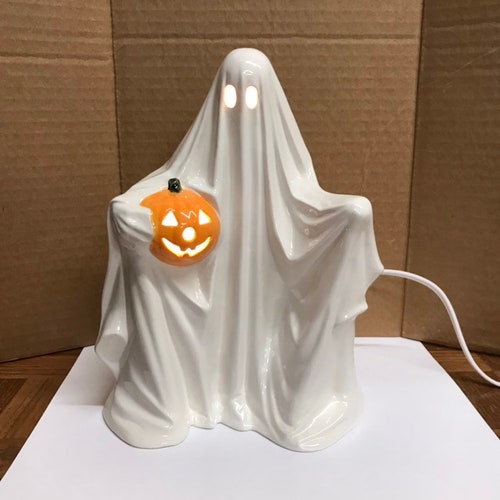 Ceramic White Ghost With Pumpkin Lights up Halloween Decor New | Etsy