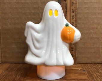 Ceramic White Ghost With Pumpkin Lights up Halloween Decor New | Etsy