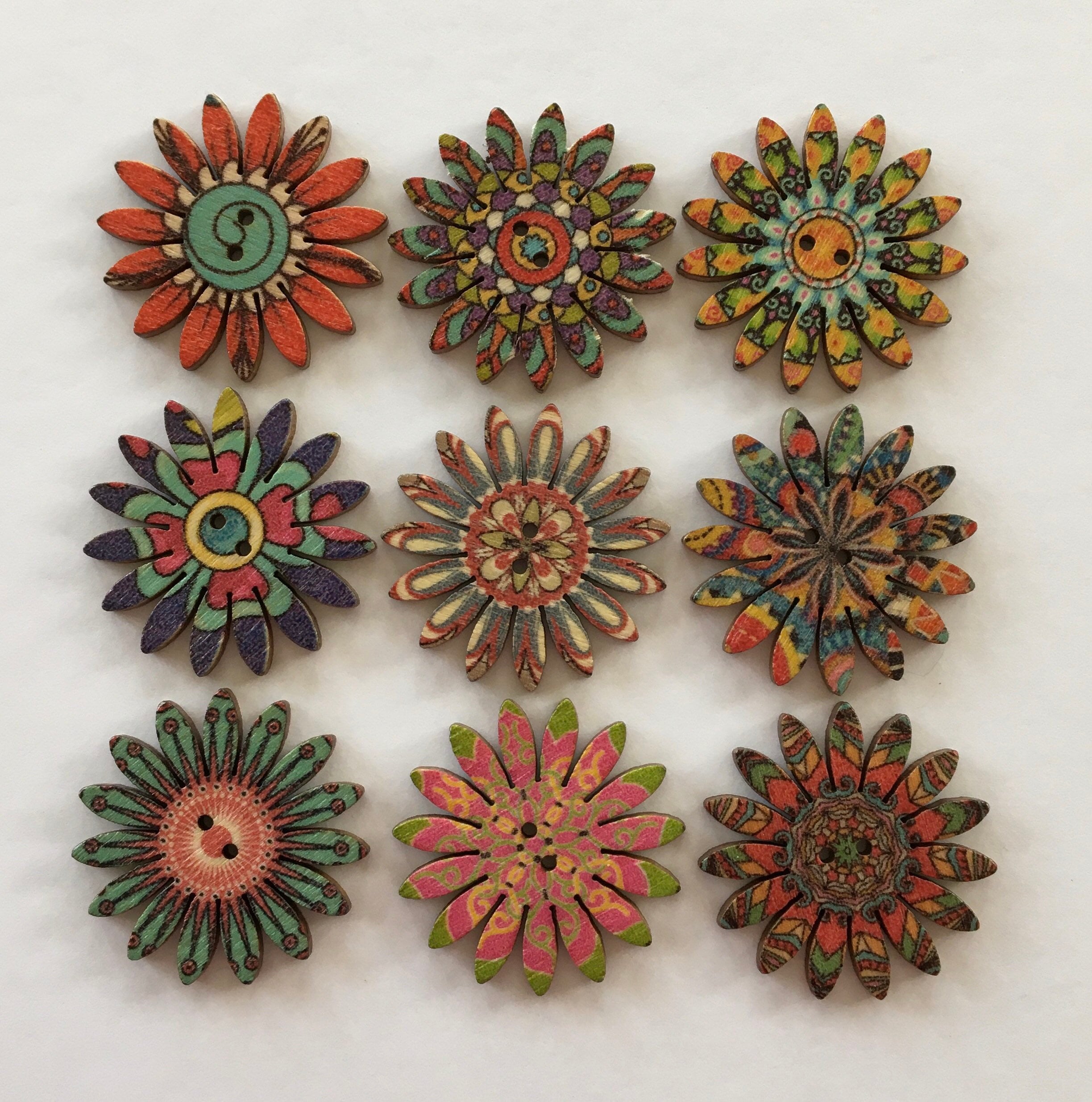 Patterned Buttons Boho Wooden Buttons Flower Buttons Sewing - Etsy