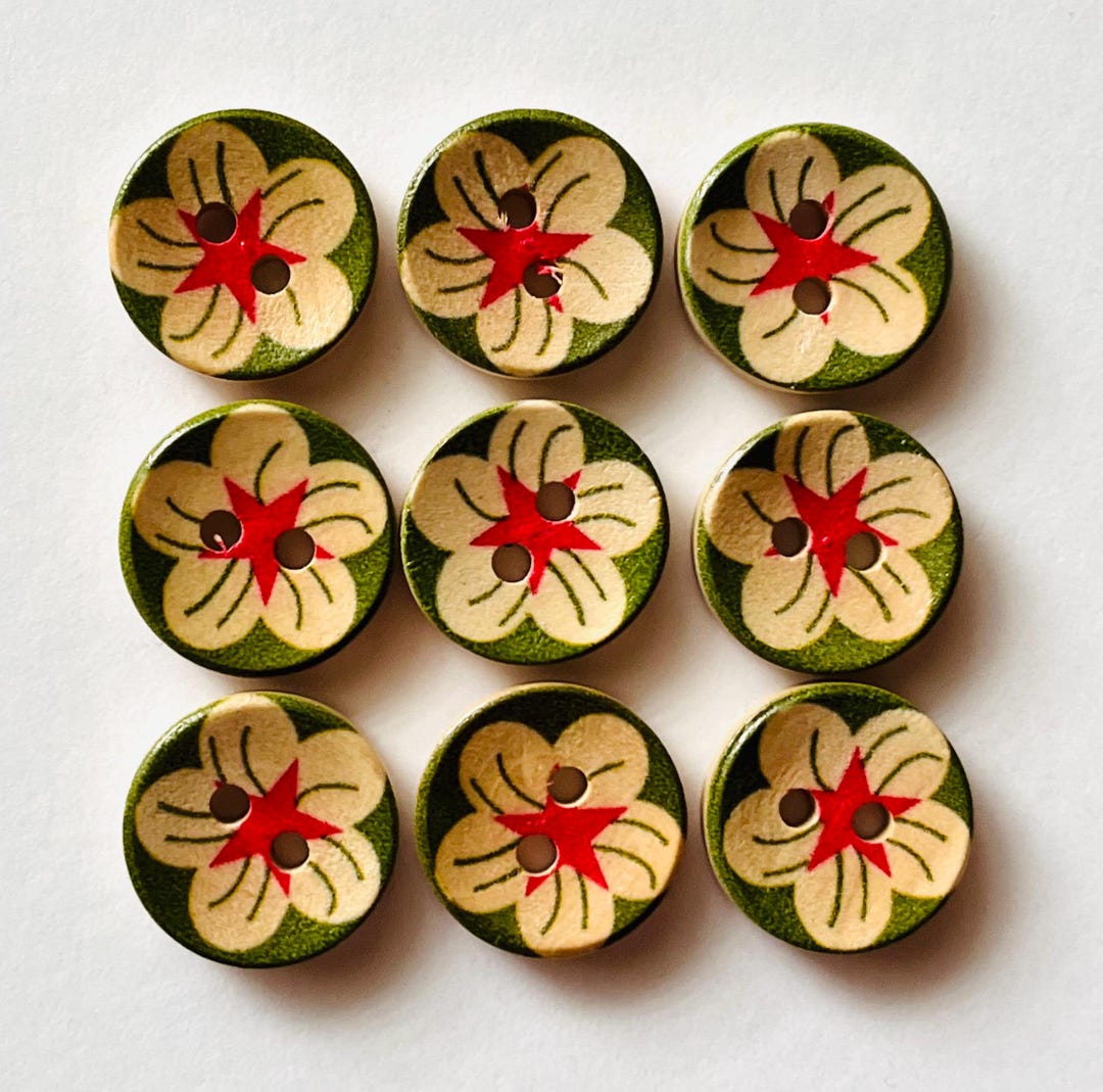 Flower Buttons, 15mm Floral Buttons, Green Buttons, Vintage Flower ...