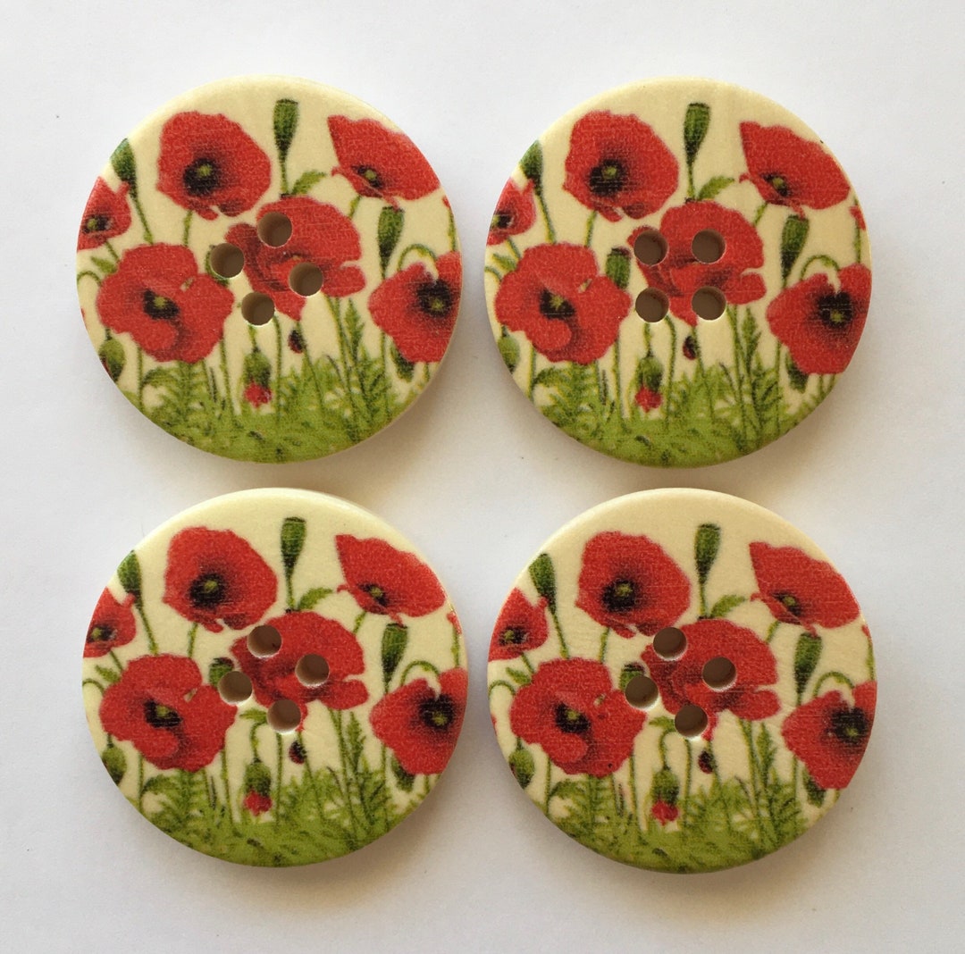 Red Poppy Wooden Buttons, Floral Sewing Embellishments (30mm) - Etsy