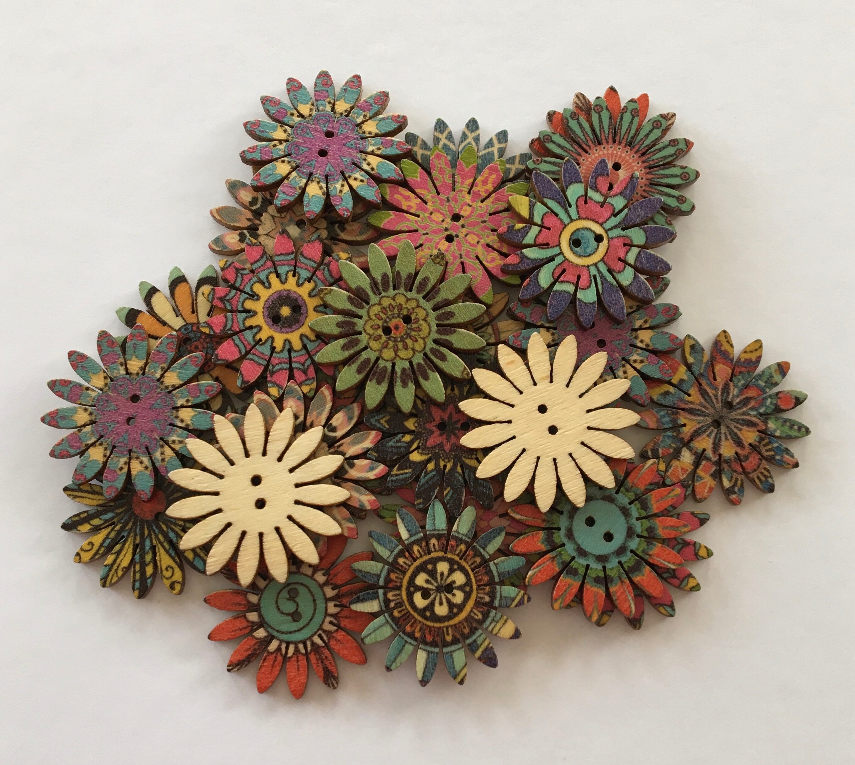 Patterned Buttons Boho Wooden Buttons Flower Buttons Sewing - Etsy