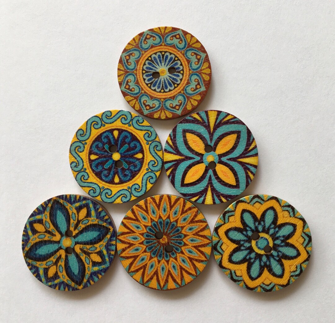 Patterned Buttons Blue Buttons Sewing Supplies Boho - Etsy
