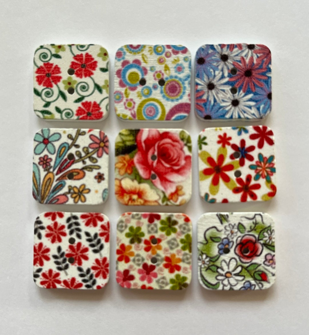 Square Buttons, Wooden Buttons, Floral Buttons, Sewing Supplies ...
