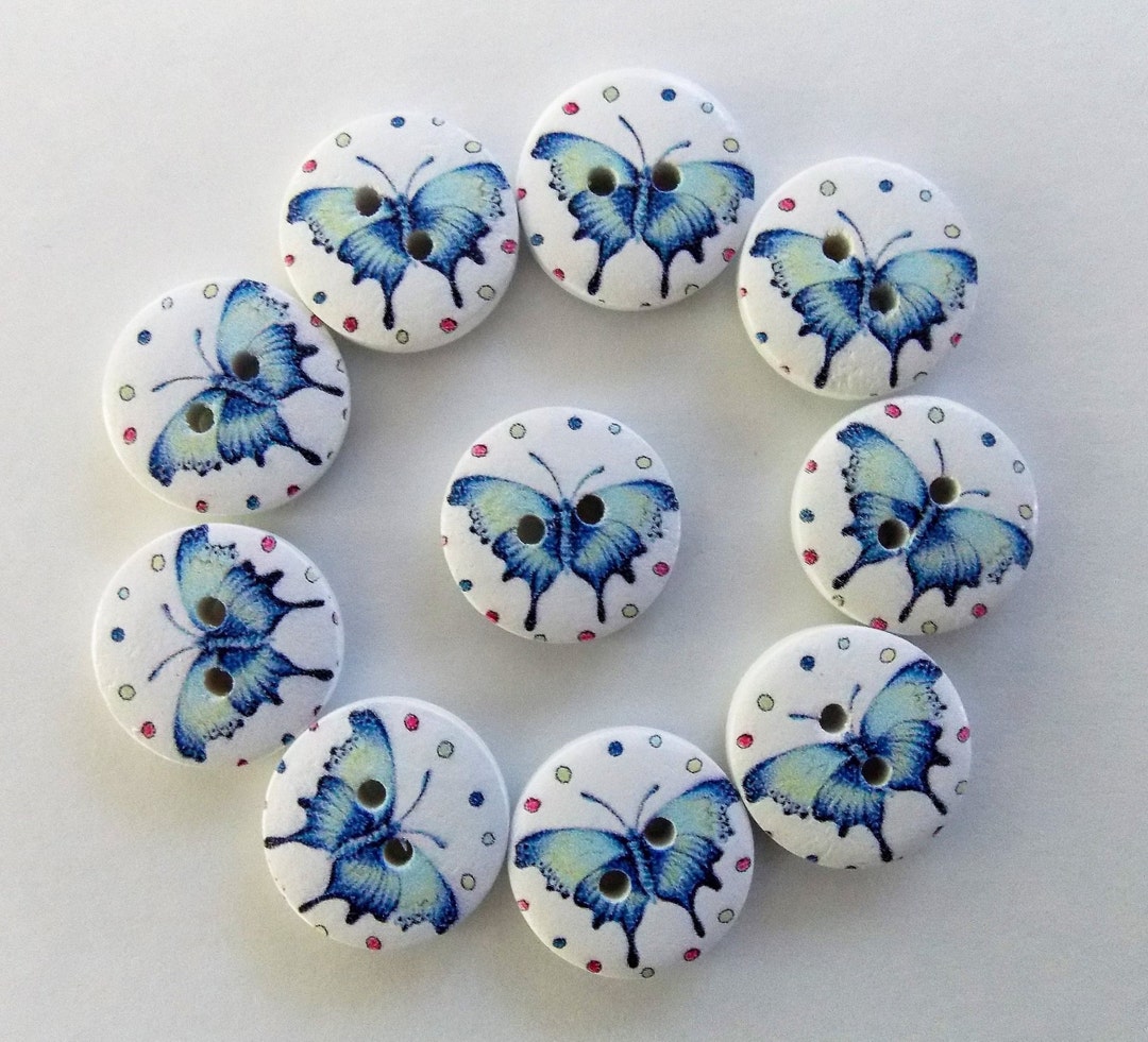 Butterfly Buttons, 18mm Buttons, Wooden Buttons, Sewing Supplies, Blue ...