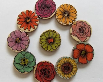 Flower Buttons, 20mm Buttons, Wooden Buttons, Sewing Supplies, Floral ...