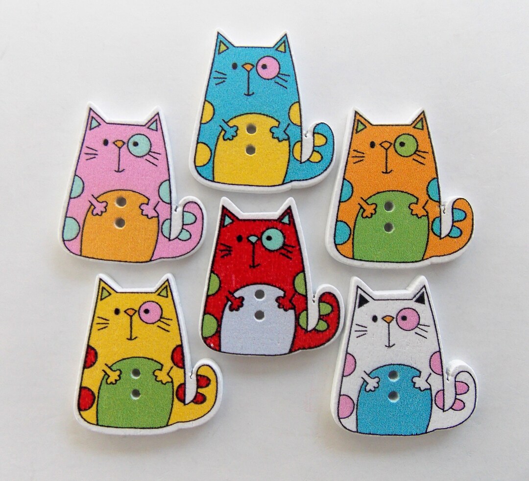 Cat Buttons, Wooden Buttons, Sewing Supplies, Feline Buttons ...