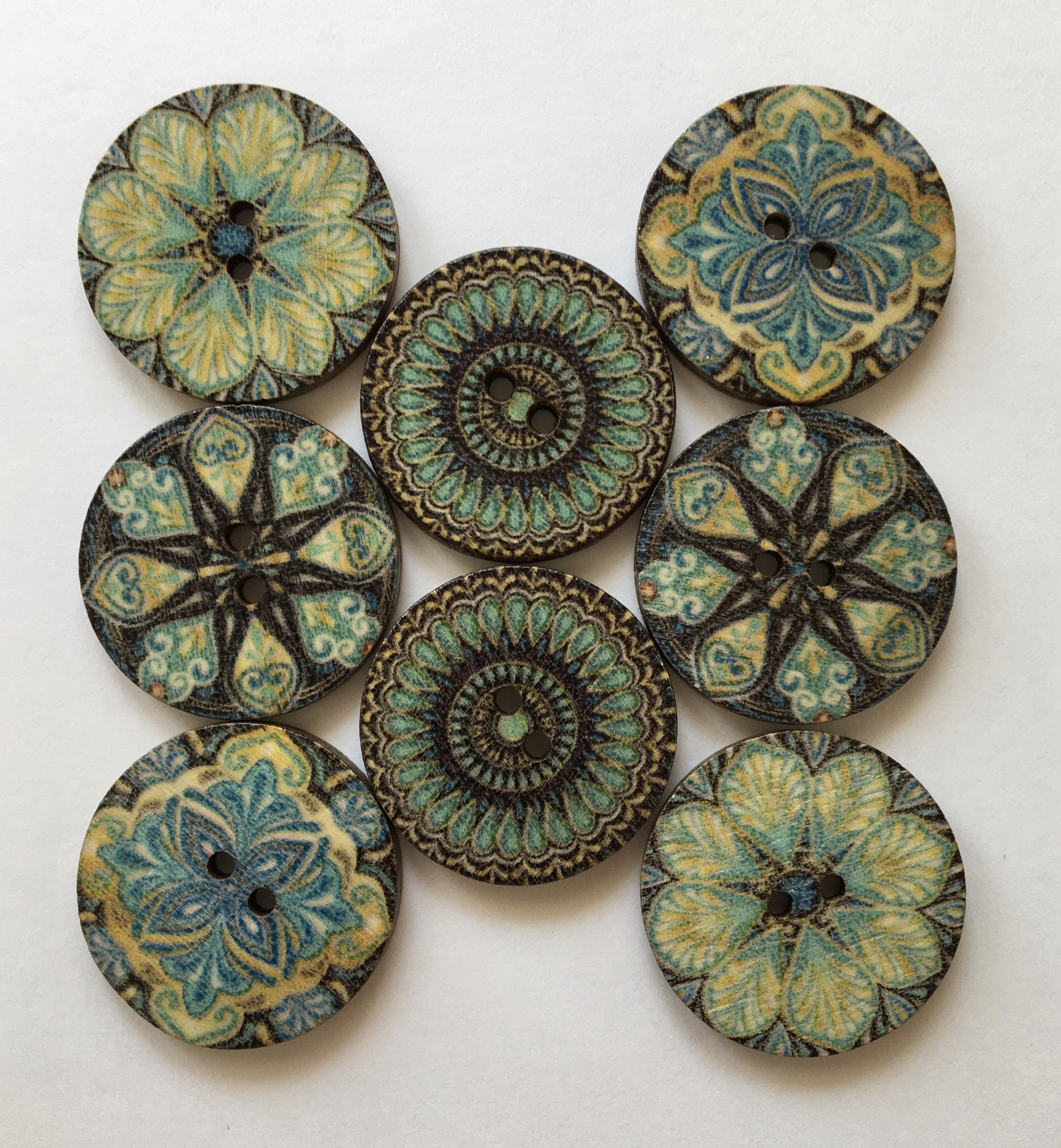 Patterned Wooden 25mm Buttons, Blue Boho Sewing Supplies - Etsy