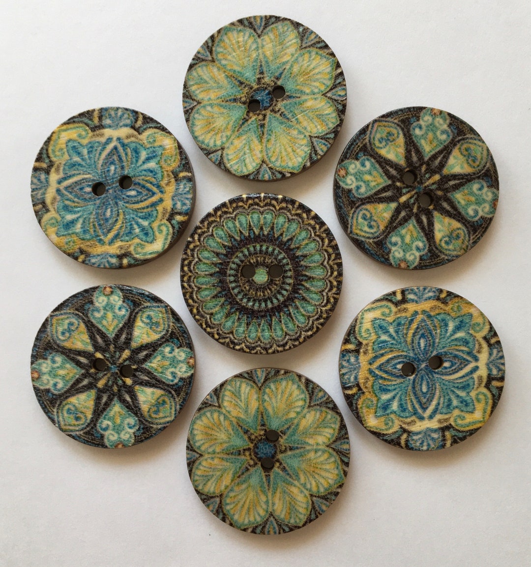 Patterned Wooden 25mm Buttons, Blue Boho Sewing Supplies - Etsy