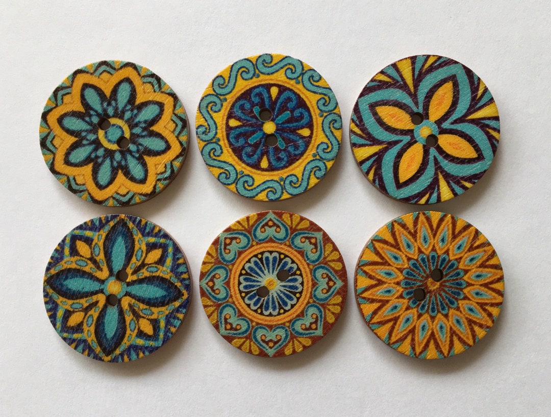 Patterned Buttons, Blue Buttons, 1” Buttons, Sewing Supplies, Boho ...
