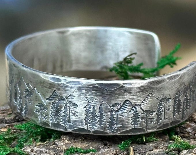 Mountains and Trees Sterling Silver Cuff Bracelet, Personalized ...